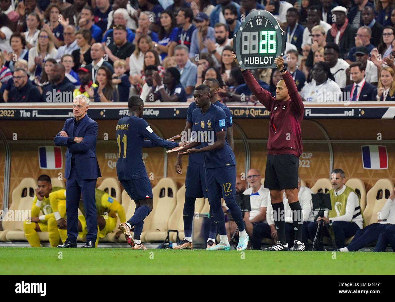 France manager Didier Deschamps looks on as he replaces Ousmane Dembele ...