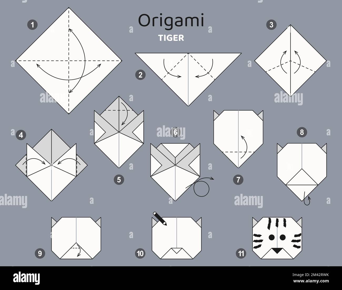 Origami tutorial. Origami scheme for kids Tiger Stock Vector Image ...