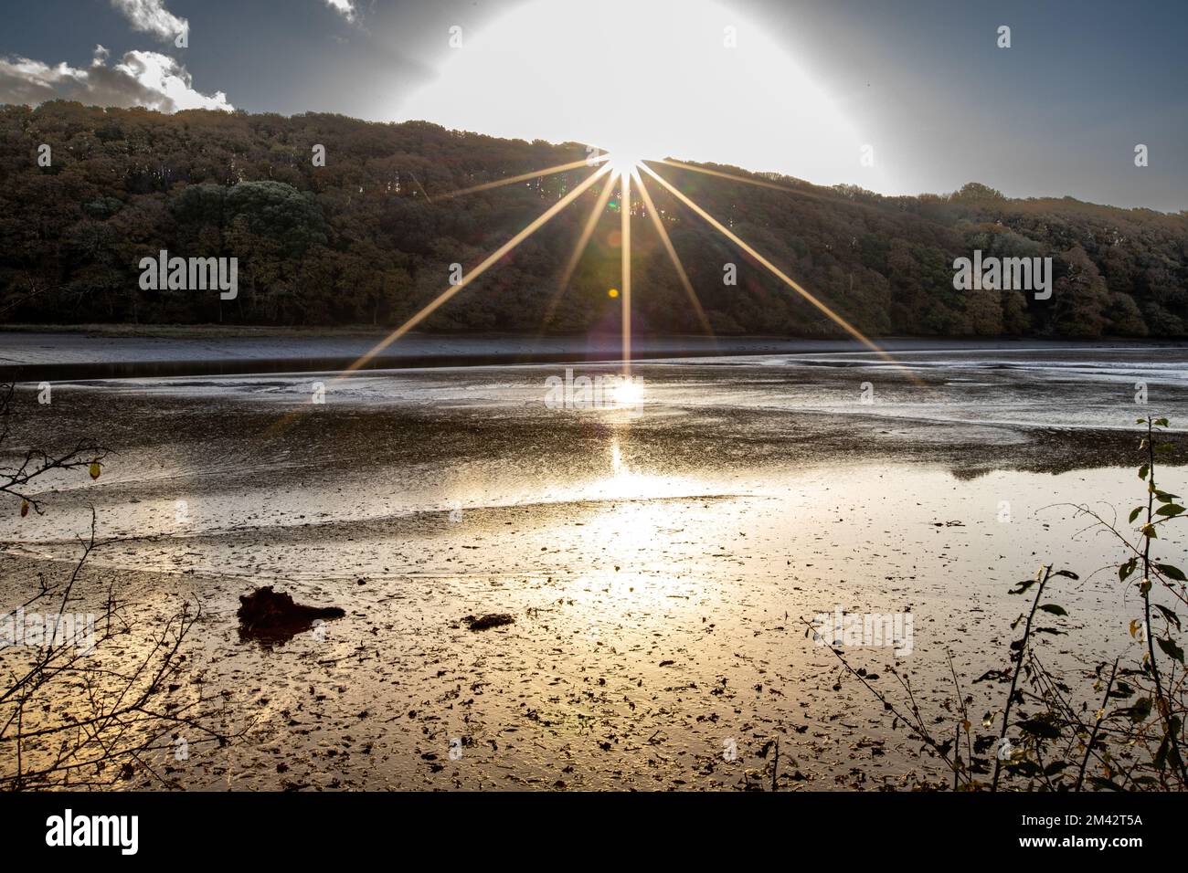 Sunburst at Low Tide on the River Tresillian Nr Truro, Cornwall Stock ...