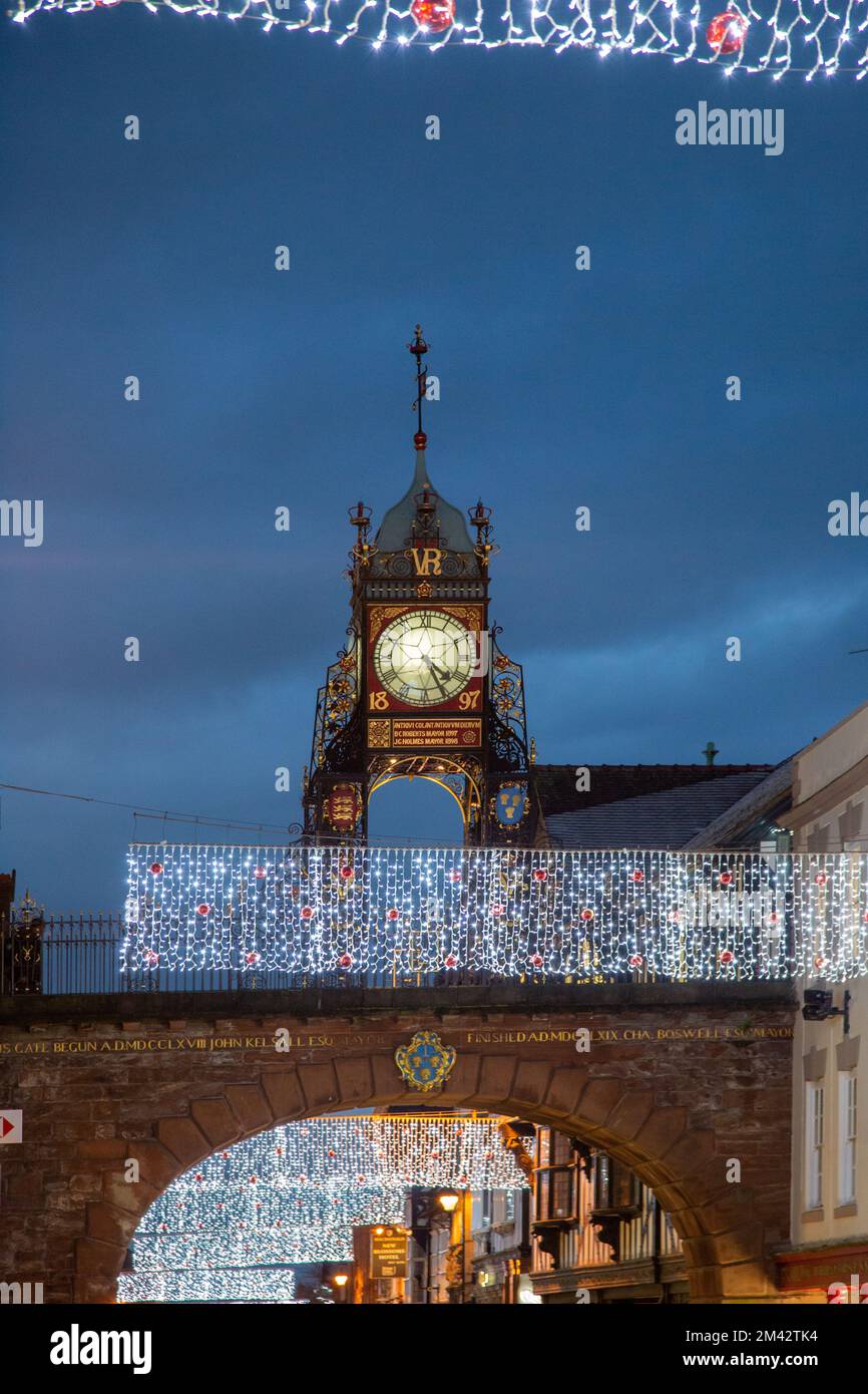 View of the Victorian Eastgate clock and clock tower standing the Roman ...