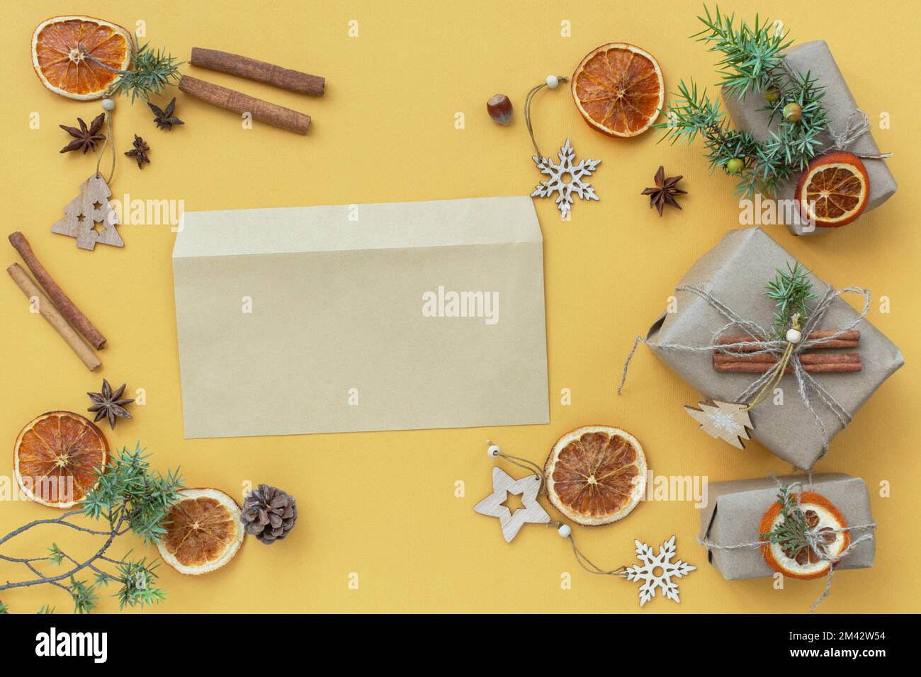 Zero waste Christmas concept. Natural materials wood, paper, fir ...