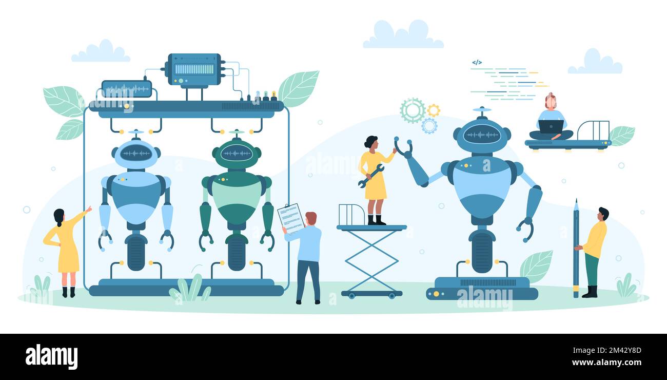 Automation Of Robot Assembly Process Vector Illustration Cartoon Tiny Engineers Work With