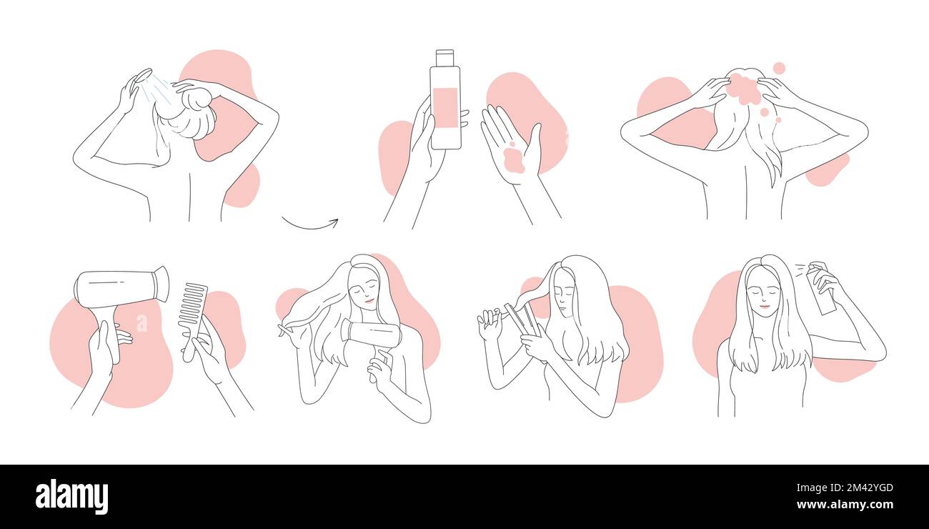 Hair care routine at home, of line icons vector illustration. Hand ...