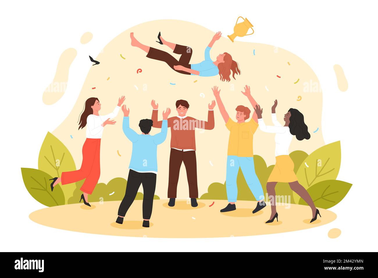 Team of people tossing happy person vector illustration. Cartoon office workers toss best ...