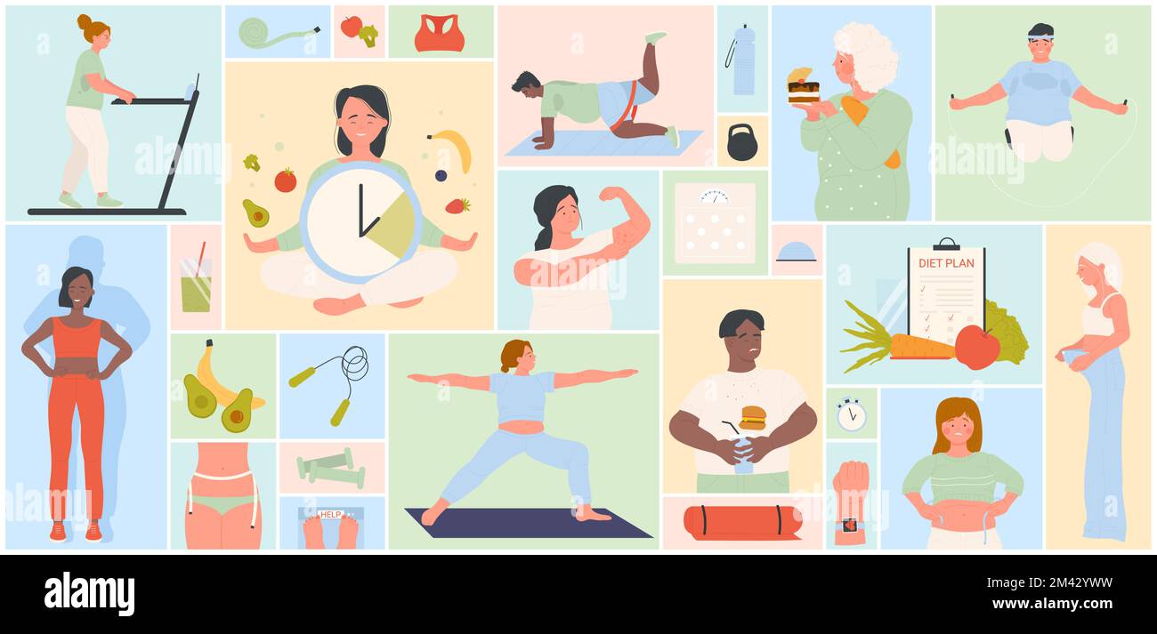 Cartoon skinny man and woman showing transformation before and after ...