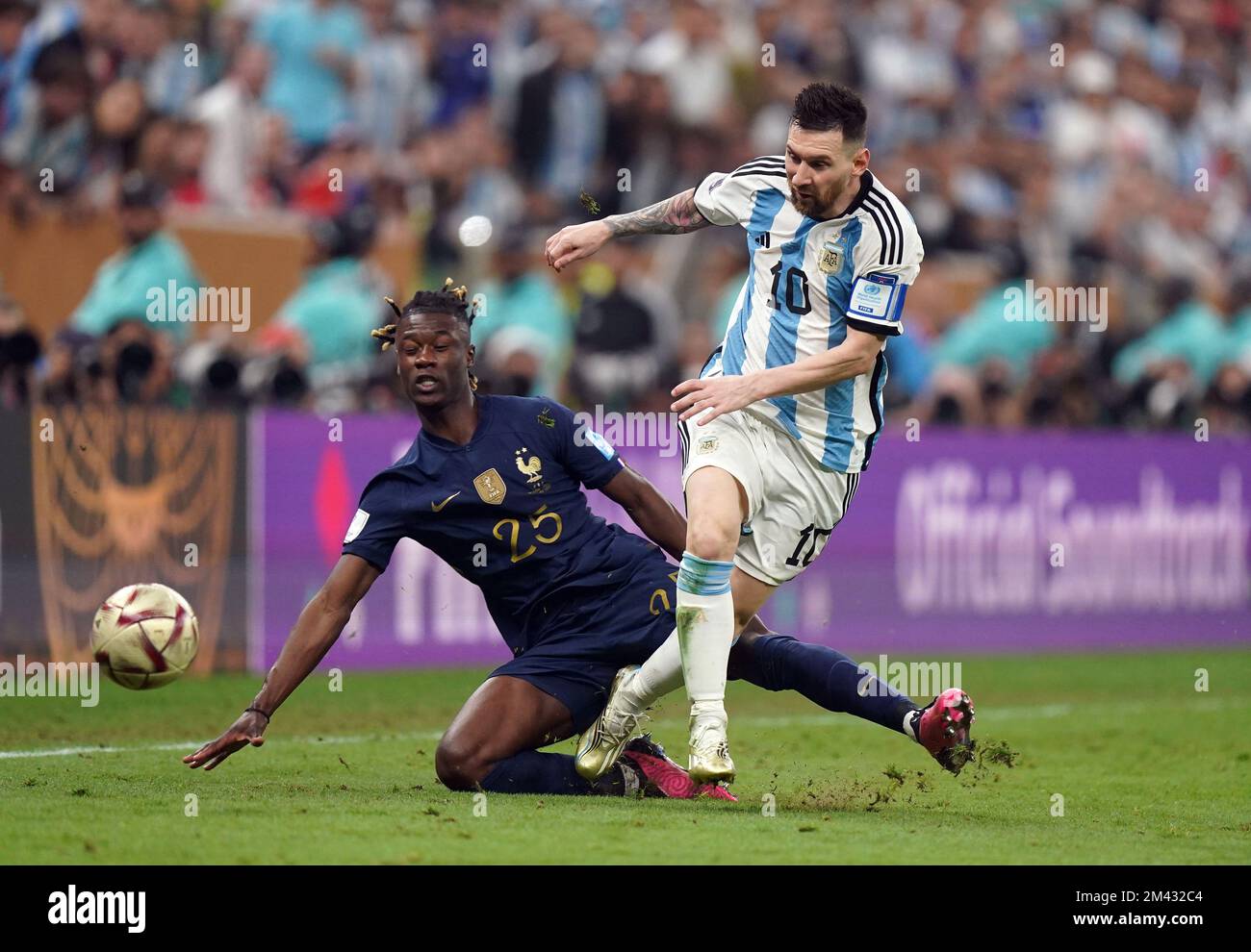 Argentina's Lionel Messi and France's Eduardo Camavinga battle for the ...