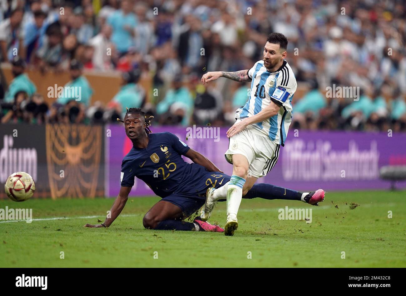 Argentina's Lionel Messi and France's Eduardo Camavinga battle for the ...