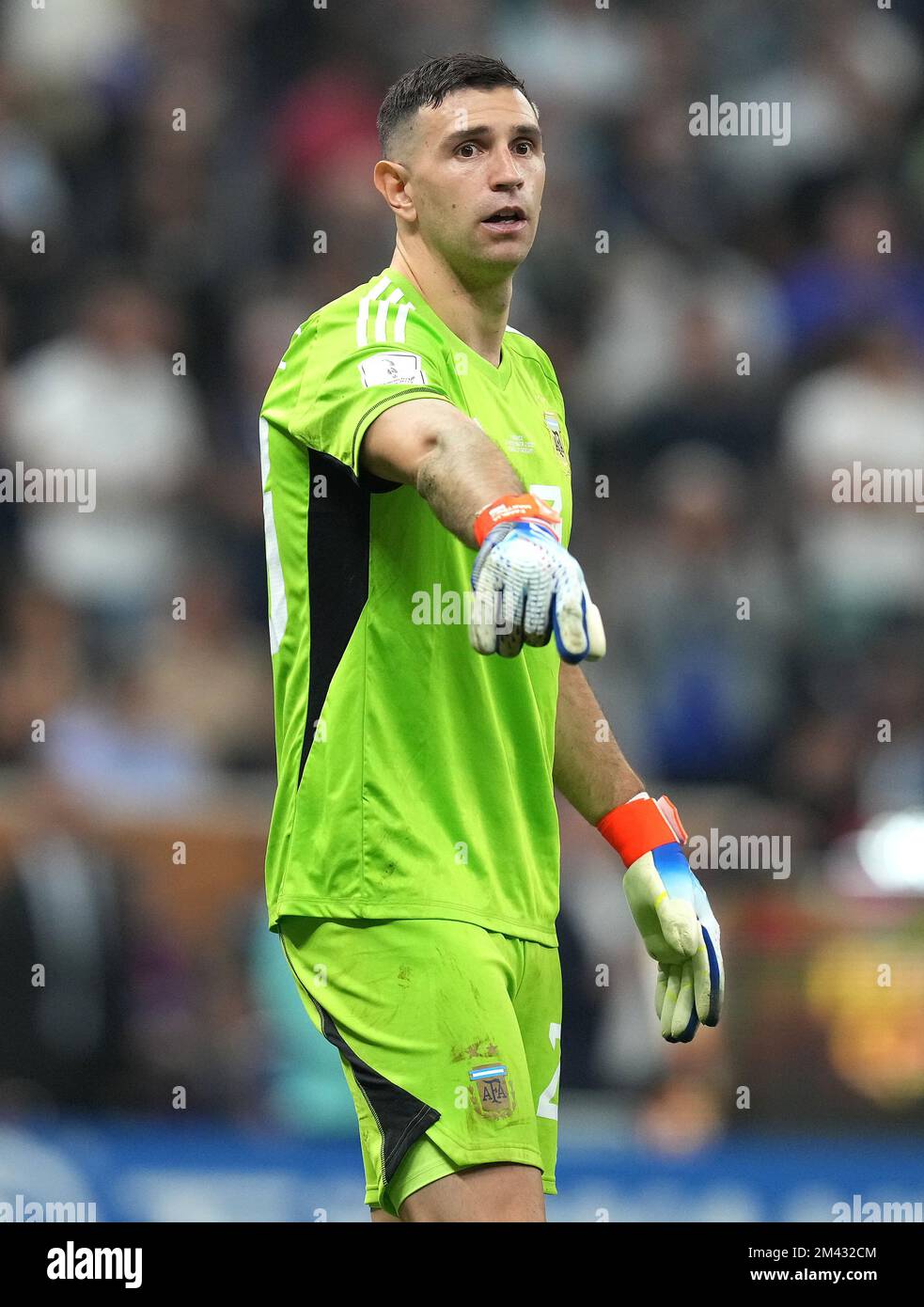 Argentina goalkeeper Emiliano Martinez instructs his players during the ...
