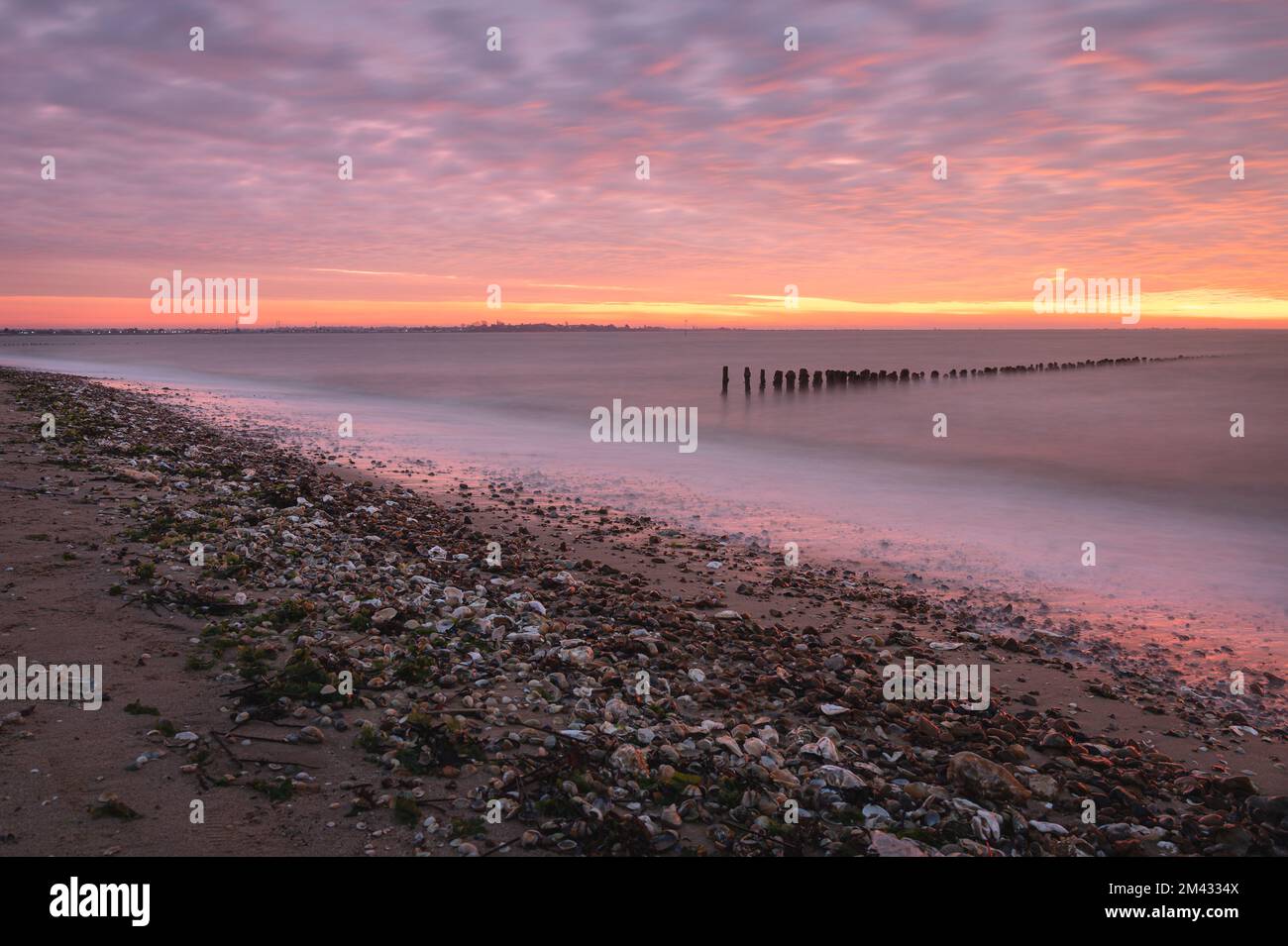 Sunrise over the North sea on East Mersea Island in Essex. Wavebreaker ...