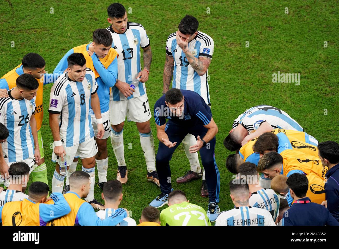 Argentina manager Lionel Scaloni speaks to his players prior to the ...