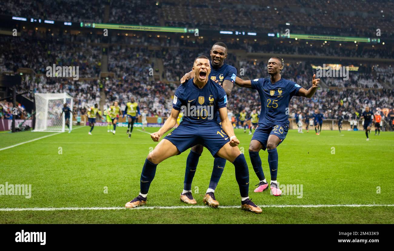 Doha, Qatar. 18th Dec, 2022. Goal celebration: Kylian Mbappe (FRA), Marcus Thuram (FRA), Eduardo ...