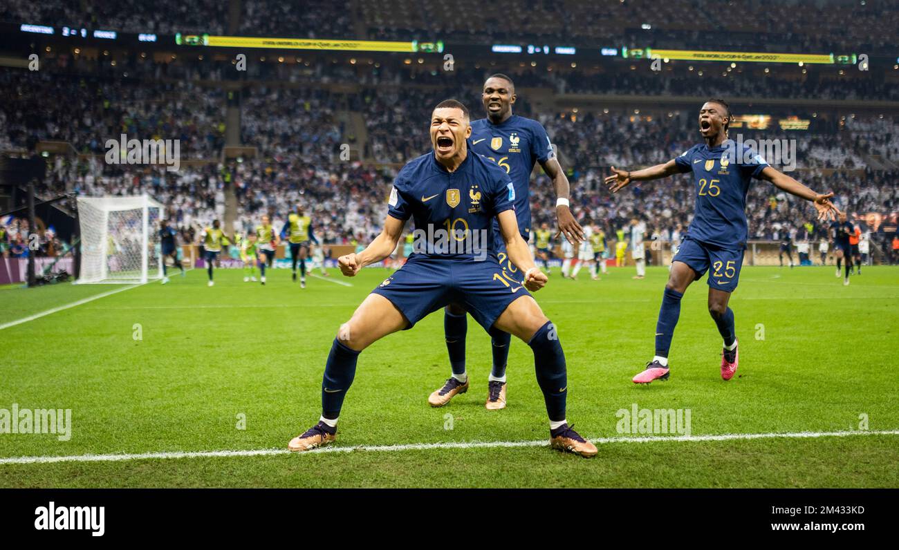 Doha, Qatar. 18th Dec, 2022. Goal celebration: Kylian Mbappe (FRA), Marcus Thuram (FRA), Eduardo ...
