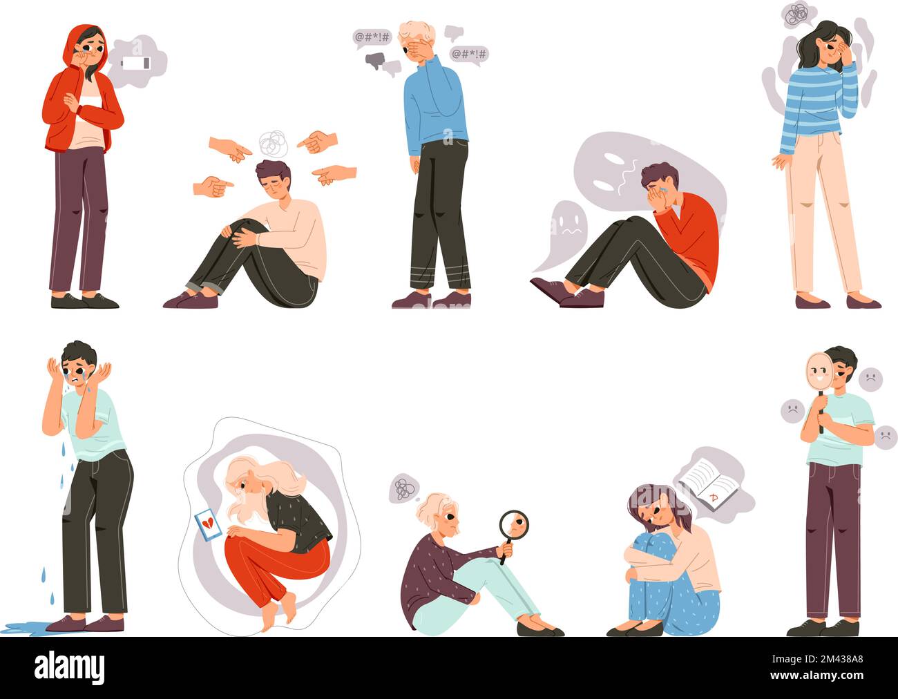 Young adult problems, abused teens. Busy teenager, alone sad people ...