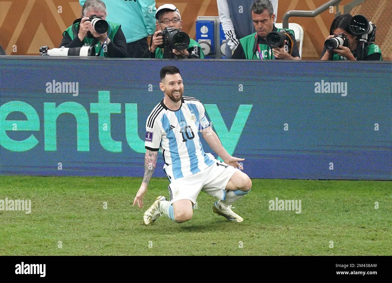 Argentina's Lionel Messi celebrates scoring their side's third goal of ...