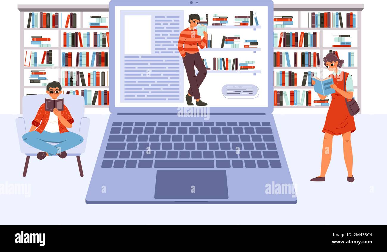 Online library vector concept. Students reading, boy with book on ...