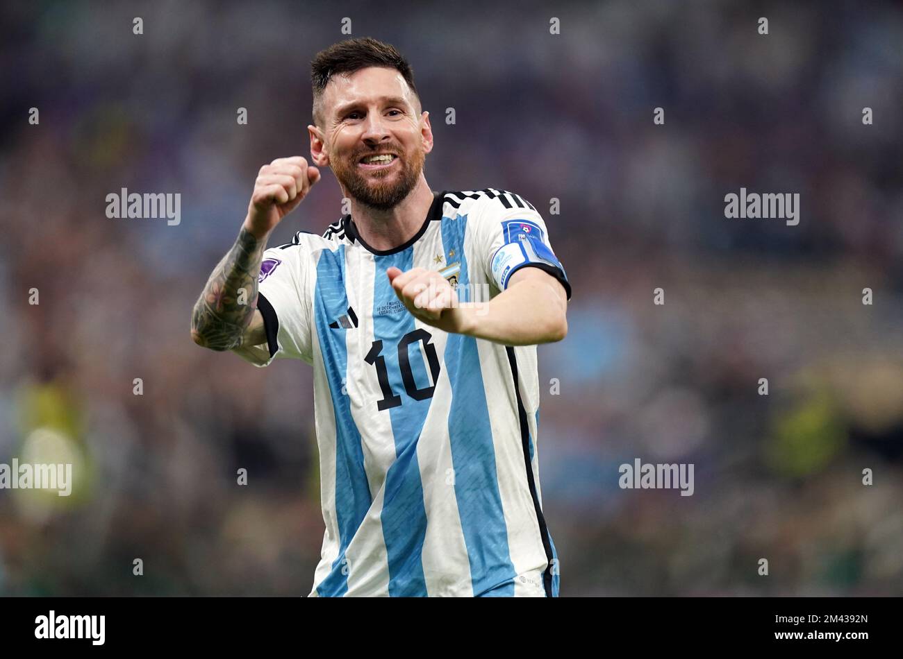 Argentina's Lionel Messi celebrates scoring his sides third goal during ...