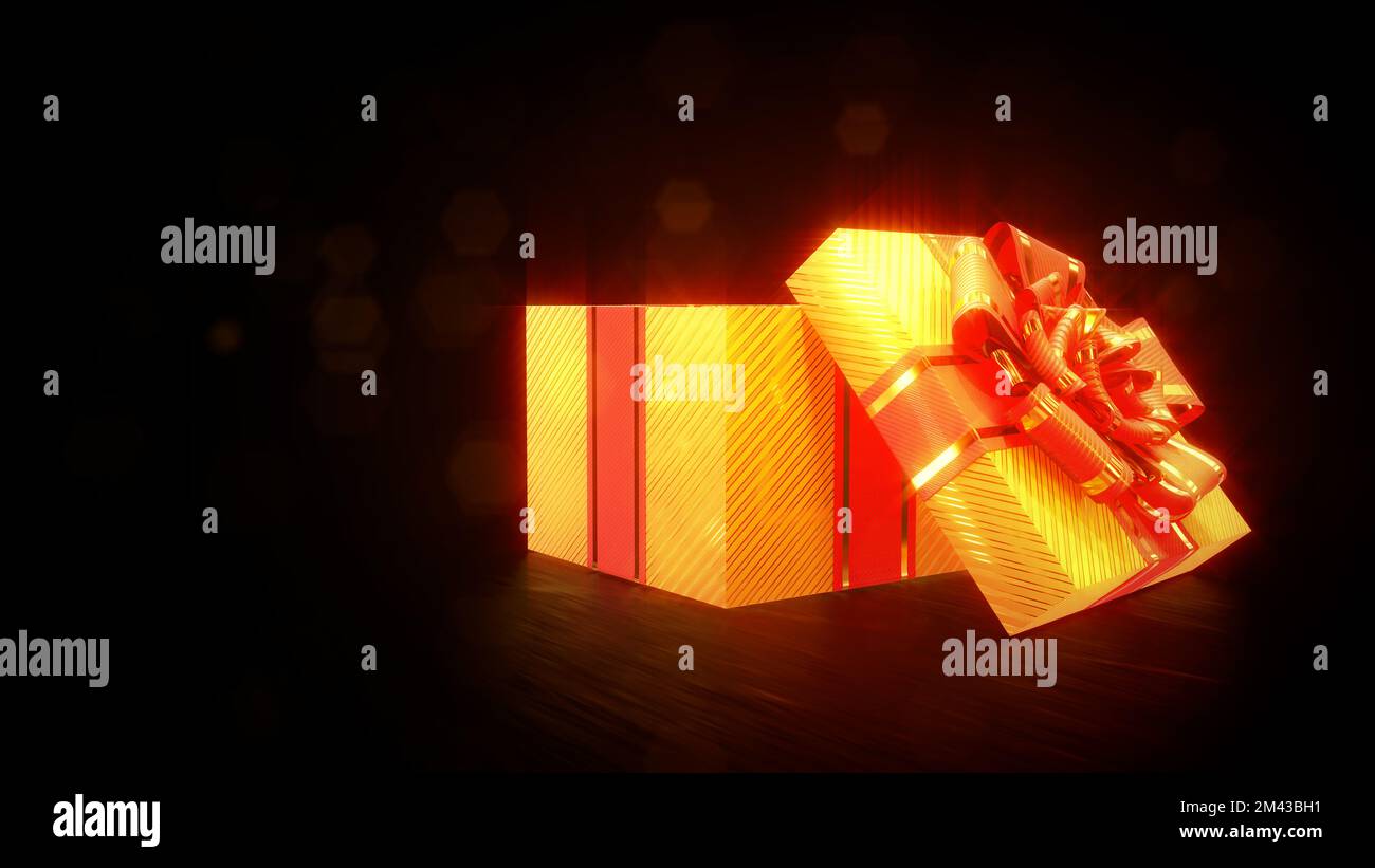 glowing opened golden and red present box on dark background - object ...