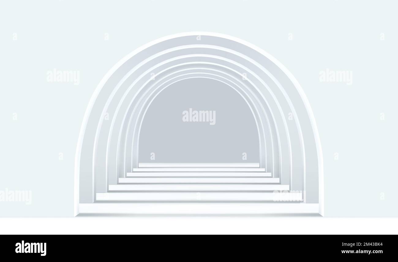 White empty corridor of several round arches in perspective with ...
