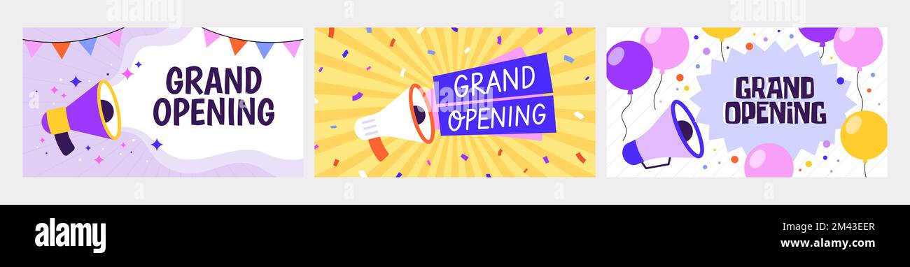 Grand opening banners set. Vintage announcement design, startup poster ...