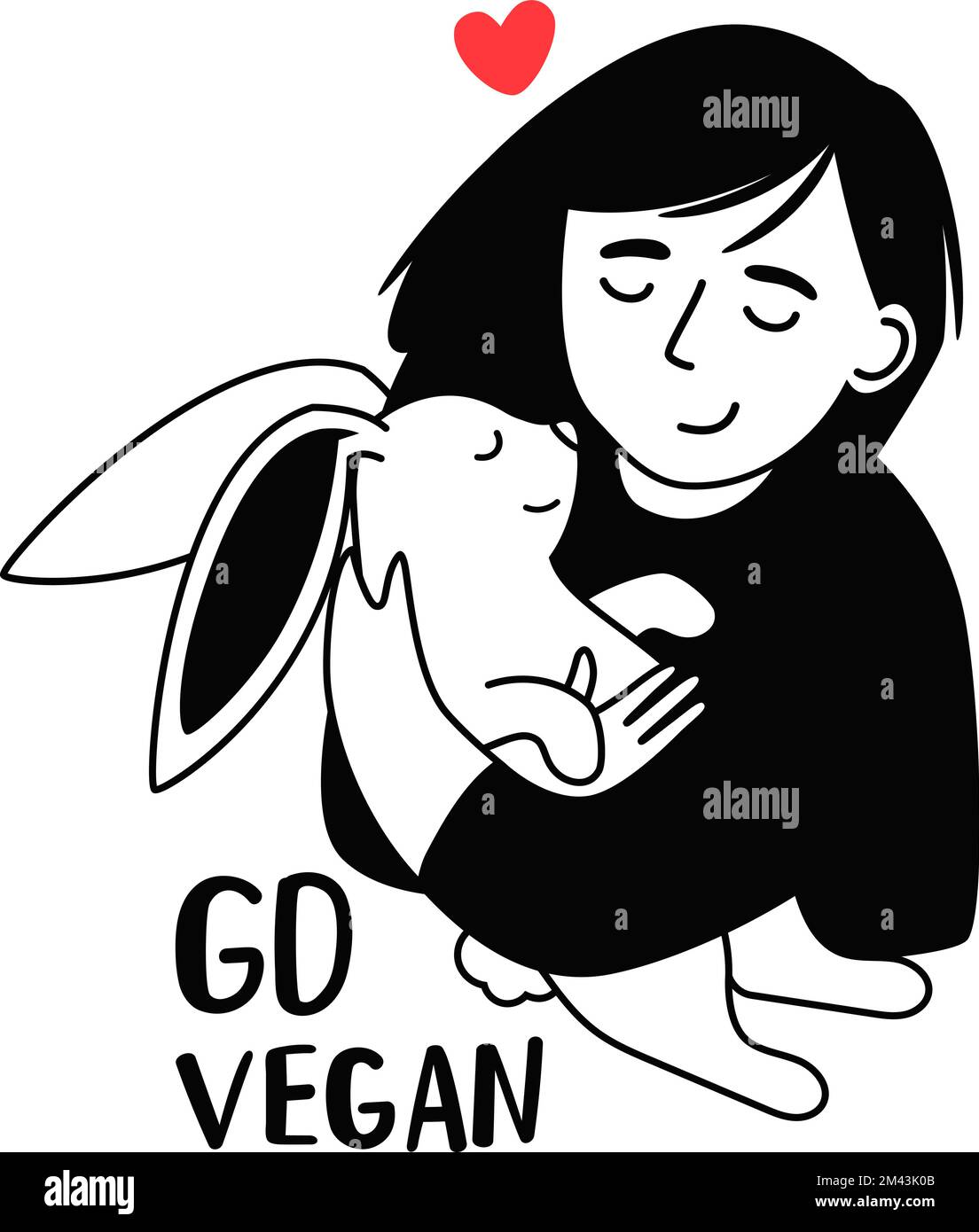 Kind girl hugs the little happy rabbit. Go vegan. Vector illustration ...