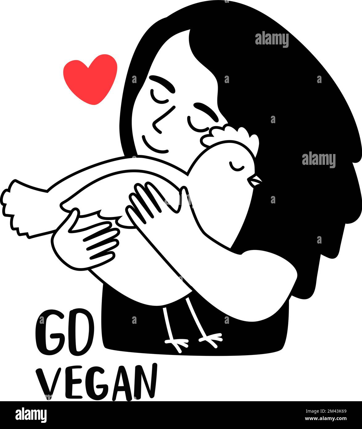 Little kind girl hugs the chicken. Go vegan. Vector illustration about ...