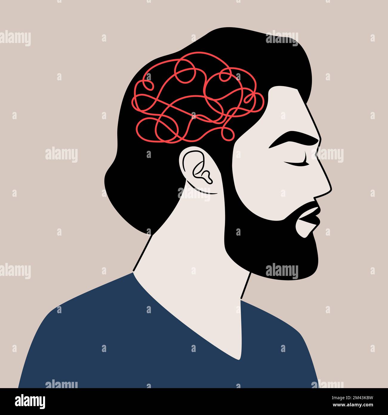 The profile of an adult man with confused thoughts. Upset man feels ...