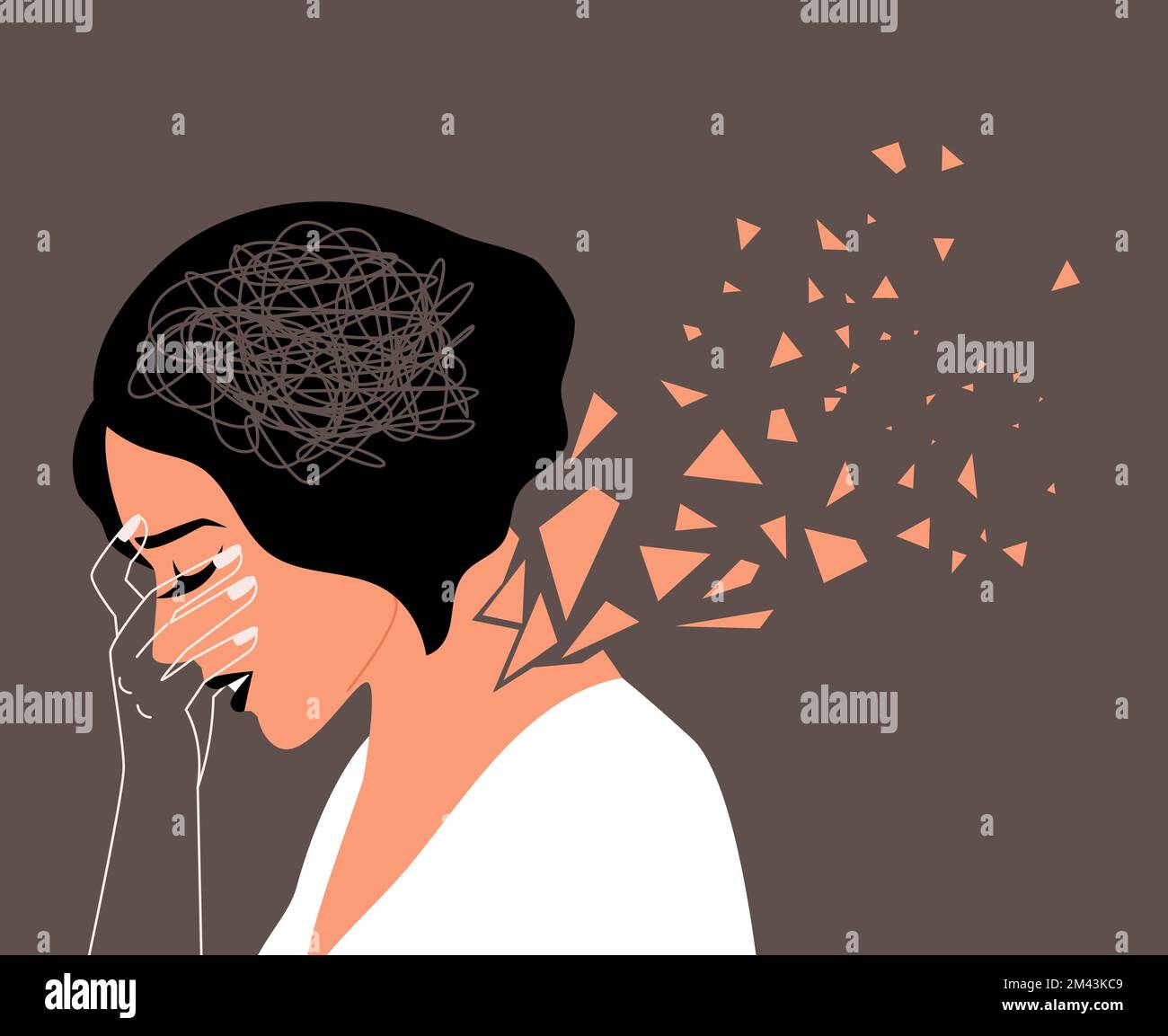 Upset adult woman with confused thoughts holds the head with her hand ...