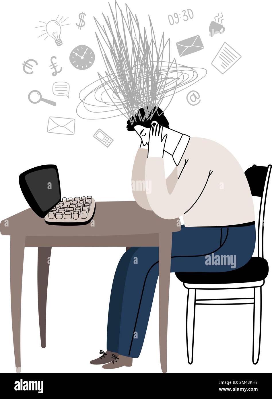 Tired man at the workplace with a bunch of confusing thoughts and tasks ...