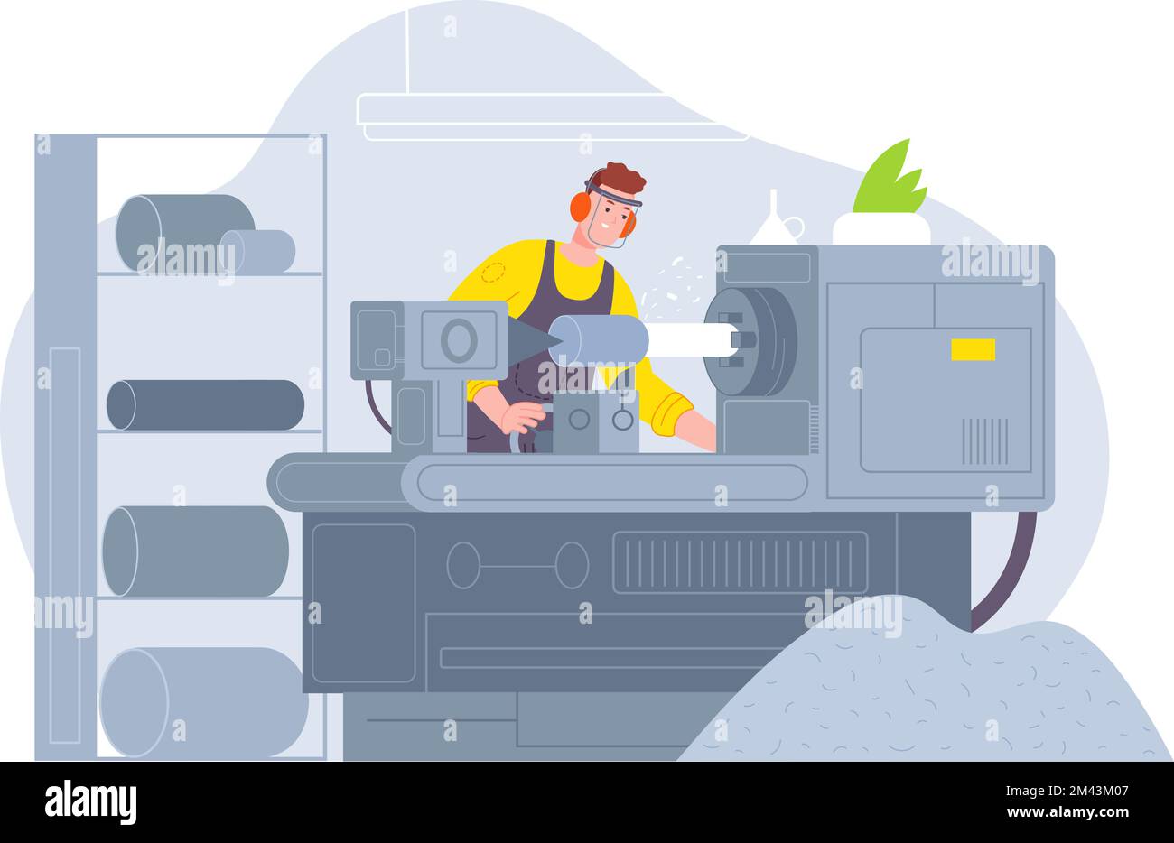 Lathe worker. Man working on turner factory machine, woodworking ...