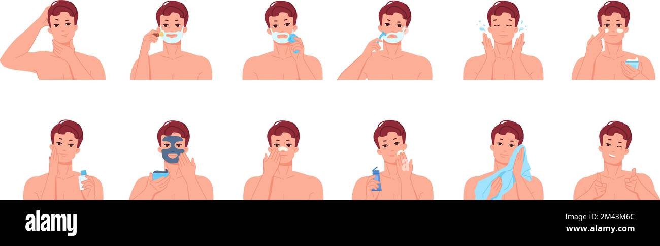 Man after shave. Male character does personal skincare routine, beard grooming moisturize skin ...