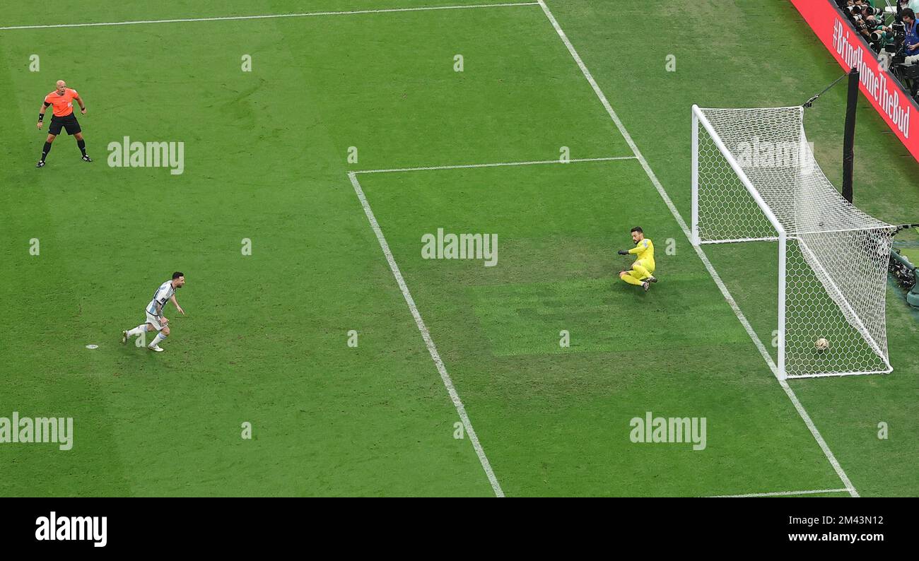 Doha, Qatar. 18th Dec, 2022. LIONEL MESSI (left) scores Argentina's ...