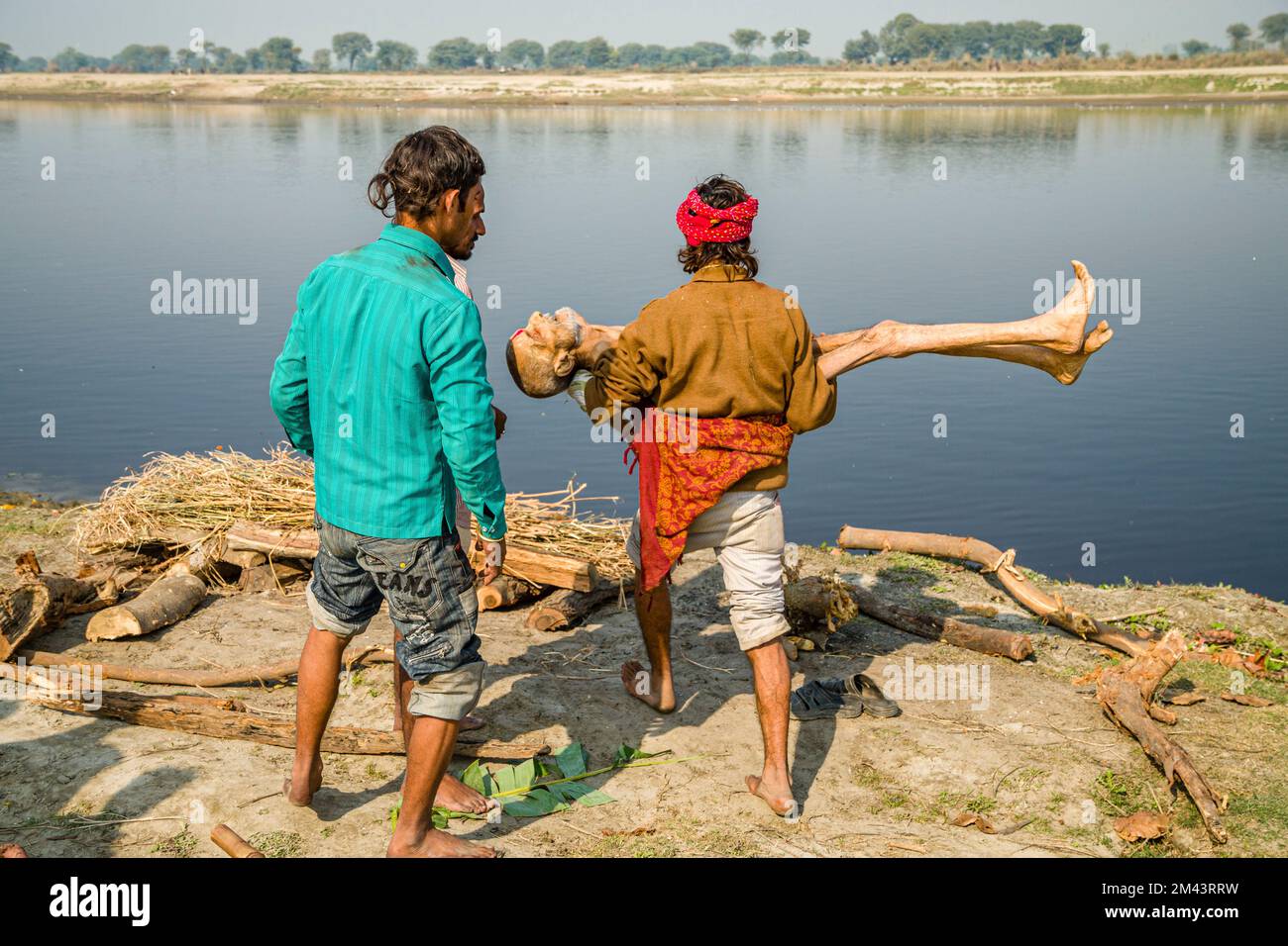 Taking a death body to the water of river Yamuna as part of a cremation ...