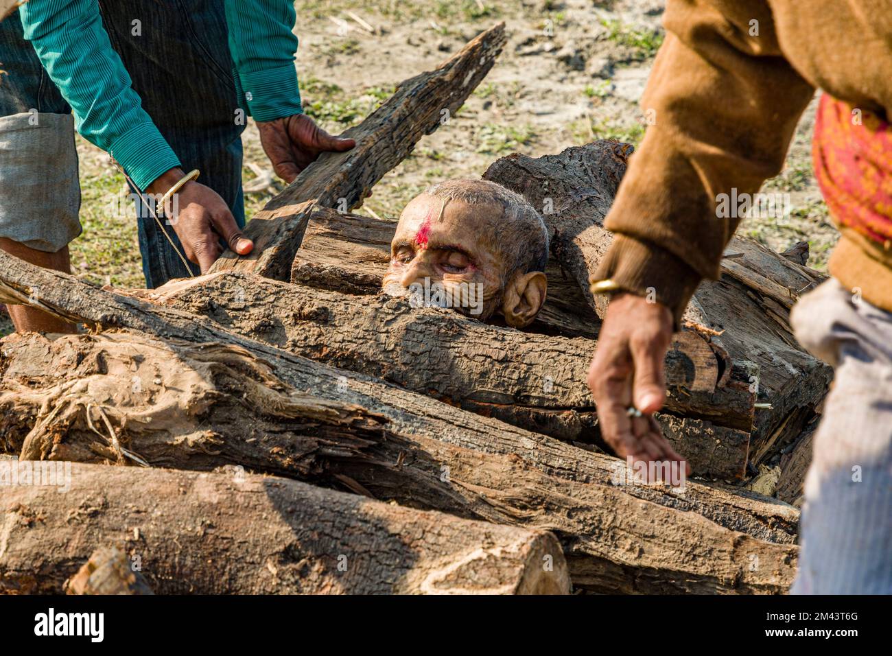 Putting a death body on firewood on the banks of river Yamuna as part ...