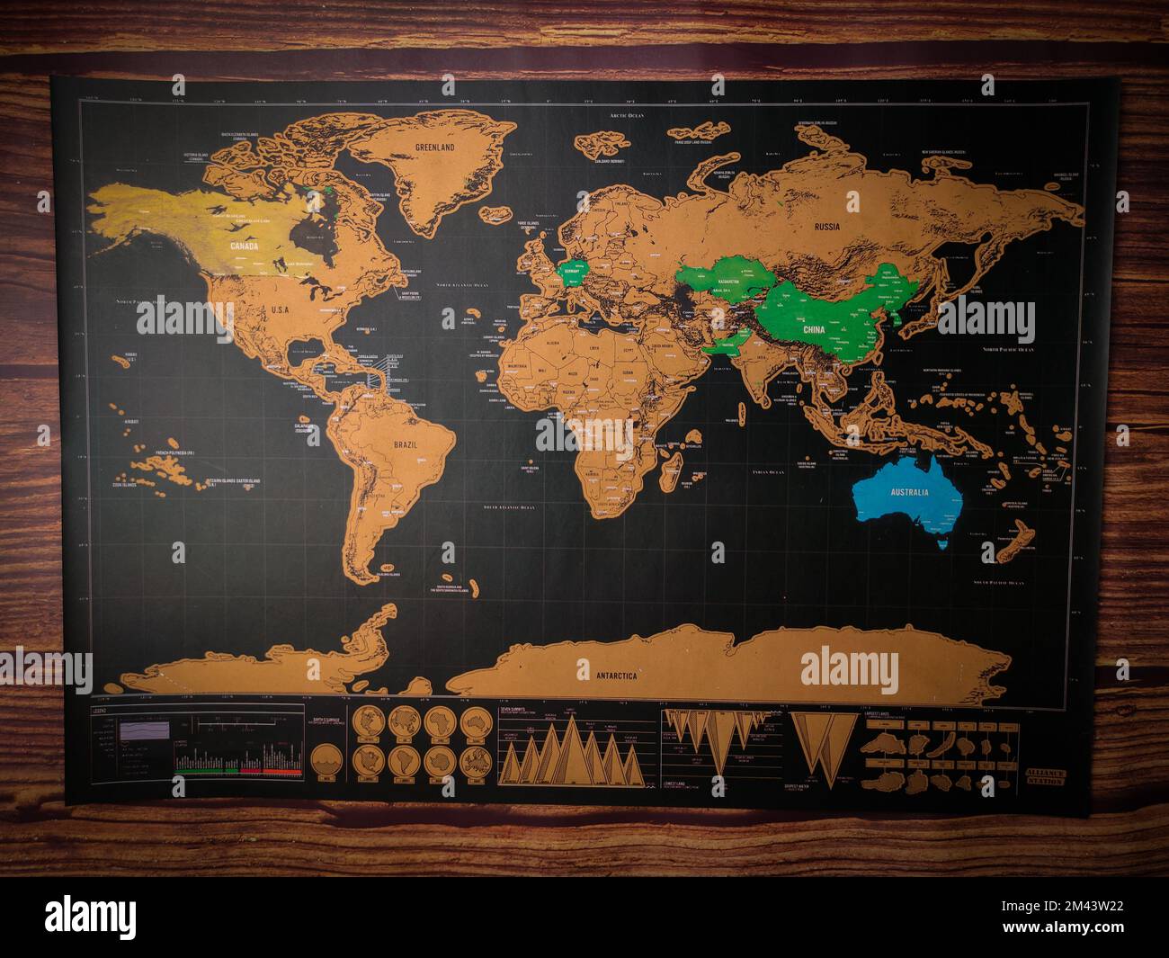 Top view world map on a brown wooden table Stock Photo - Alamy