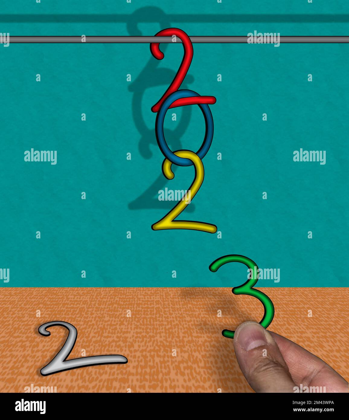 2023 with hanging numbers with hand changing last digit of the year ...