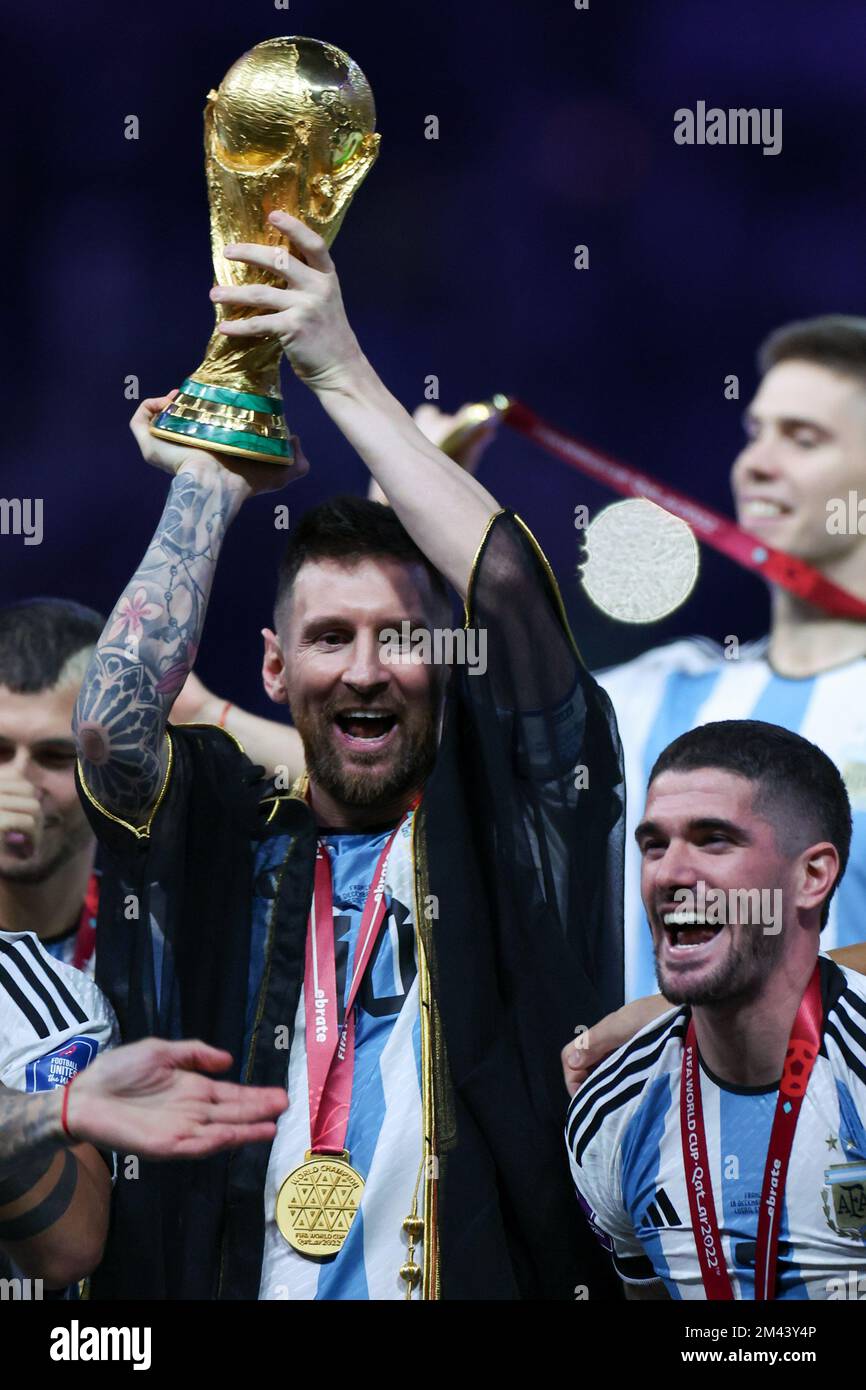 Lionel Messi of Argentina lifts the FIFA World Cup, Qatar. , . Final ...