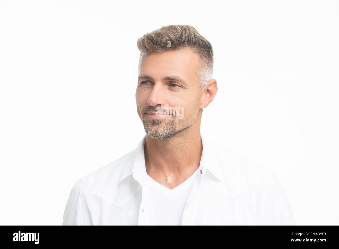 positive mature unshaven man portrait isolated on white background ...