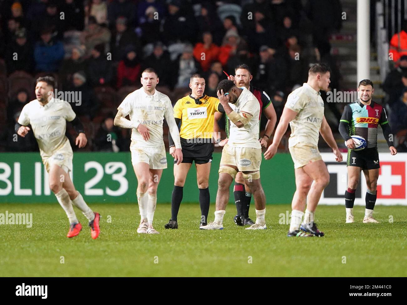 Racing 92's Warrick Gelant shown a red card during the Heineken ...