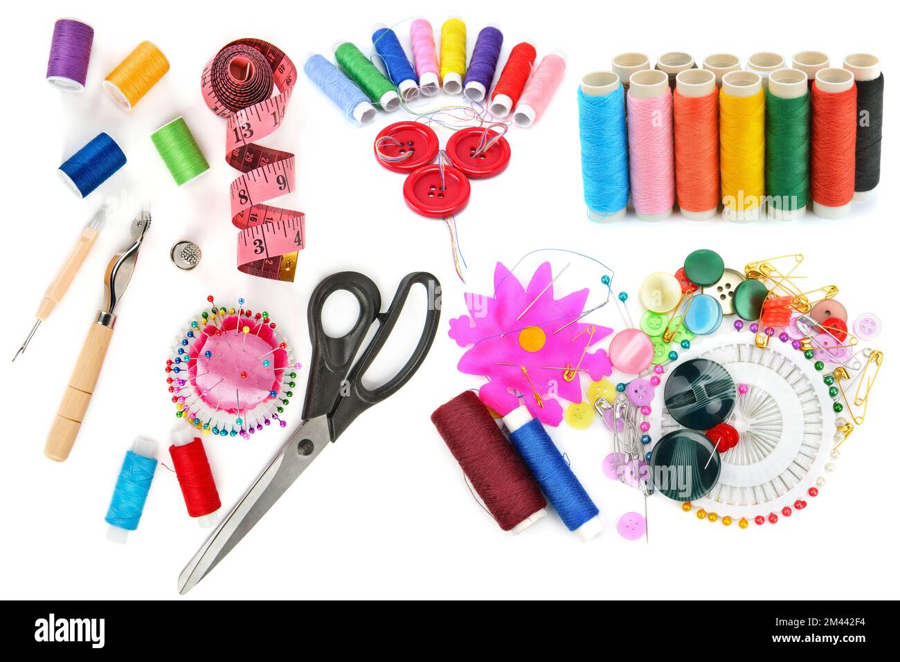 Sewing accessories isolated on white background. Collage Stock Photo ...