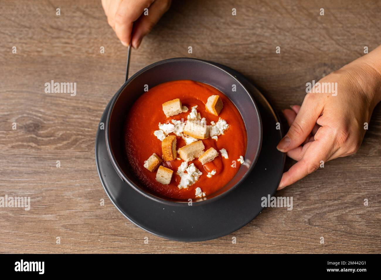 Person serving tomato soup hi-res stock photography and images - Alamy