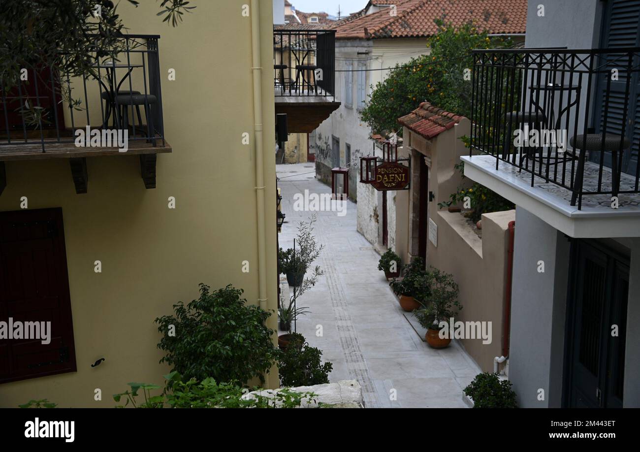 Landscape with scenic view of a typical street with Neoclassical ...