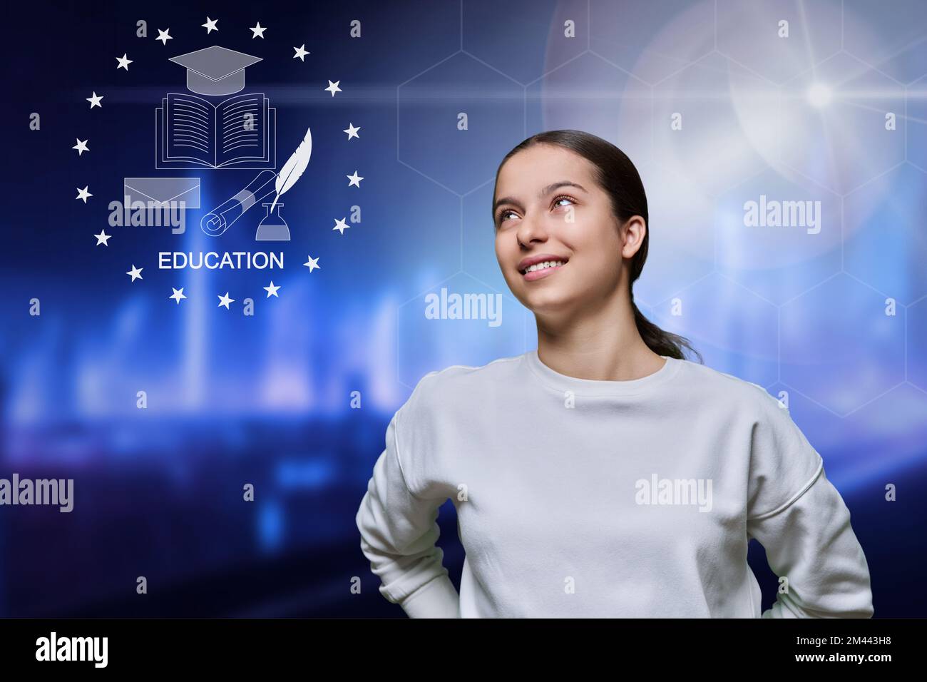 Teenage girl, high school student, background with education symbols ...