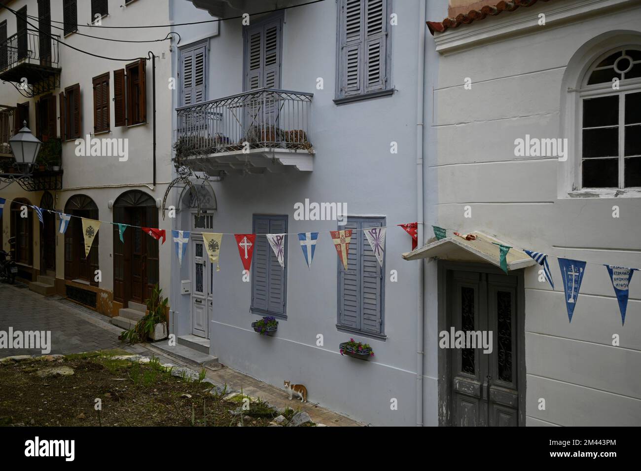 Cityscape with scenic view of old Neoclassical buildings and festive ...