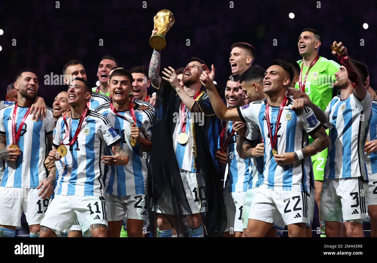 Doha, Qatar, 18th December 2022. Lionel Messi of Argentina lifts the ...