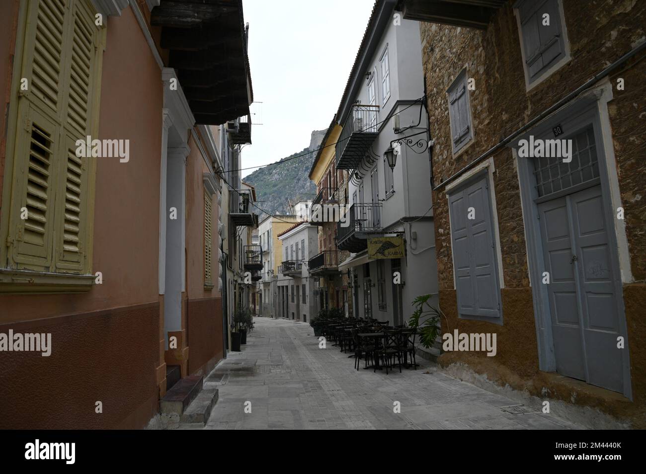 Landscape with scenic view of a typical street with Neoclassical ...