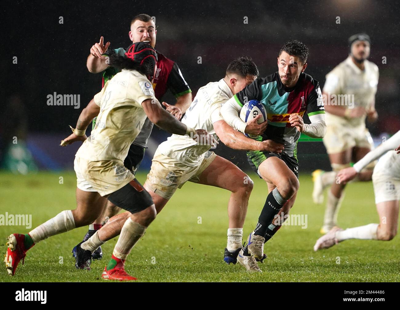 Harlequins' Nick David tackled by Racing 92's Francis Saili during the ...