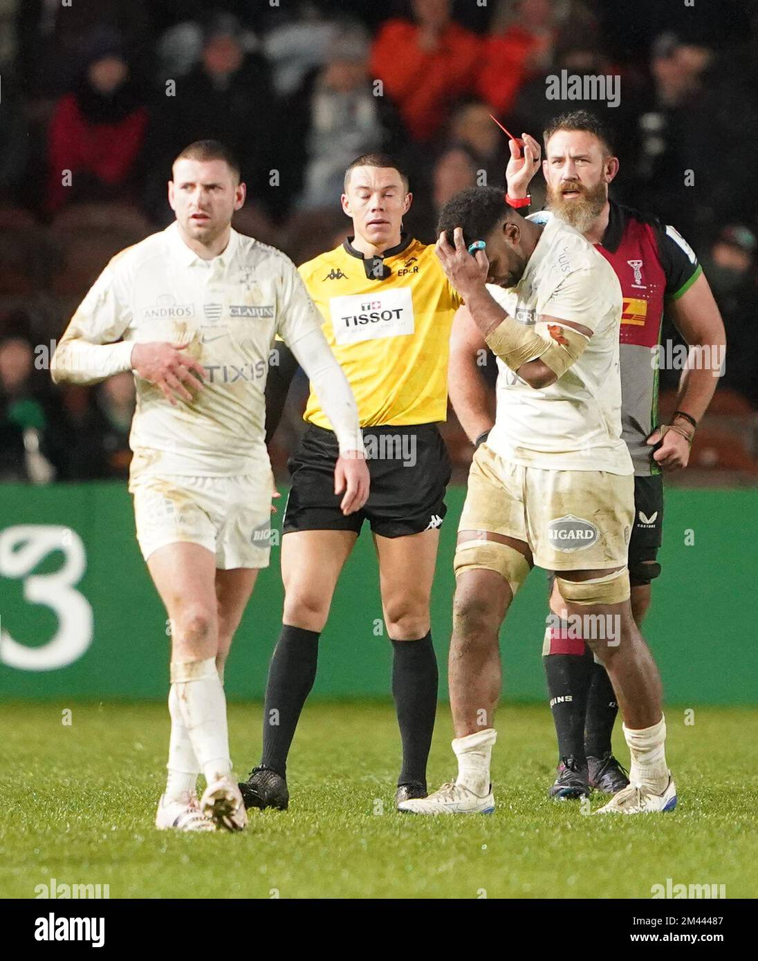 Racing 92's Warrick Gelant shown a red card during the Heineken ...