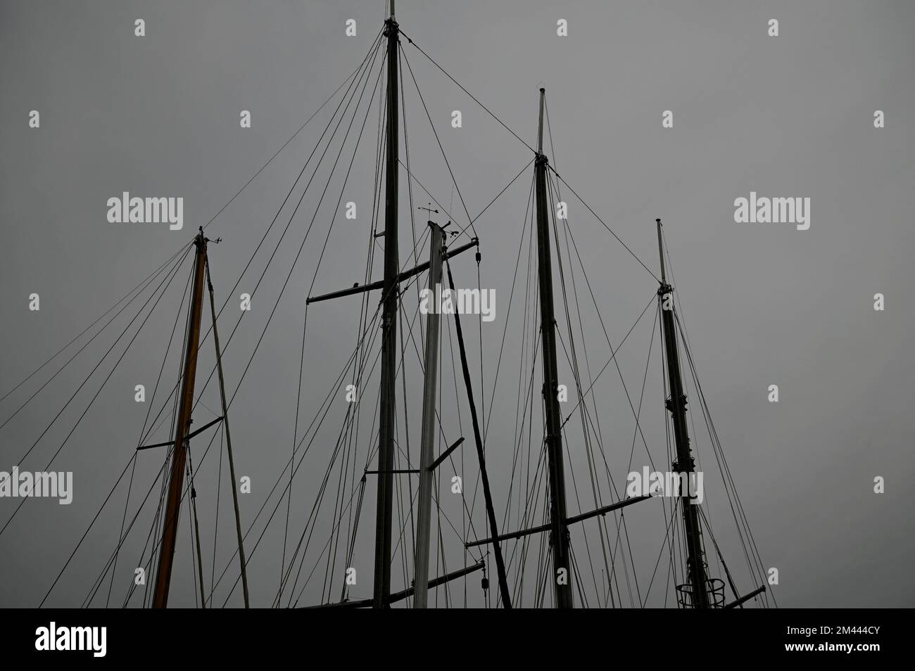 Landscape with scenic view of a sailing boat foremast, mainmast and ...