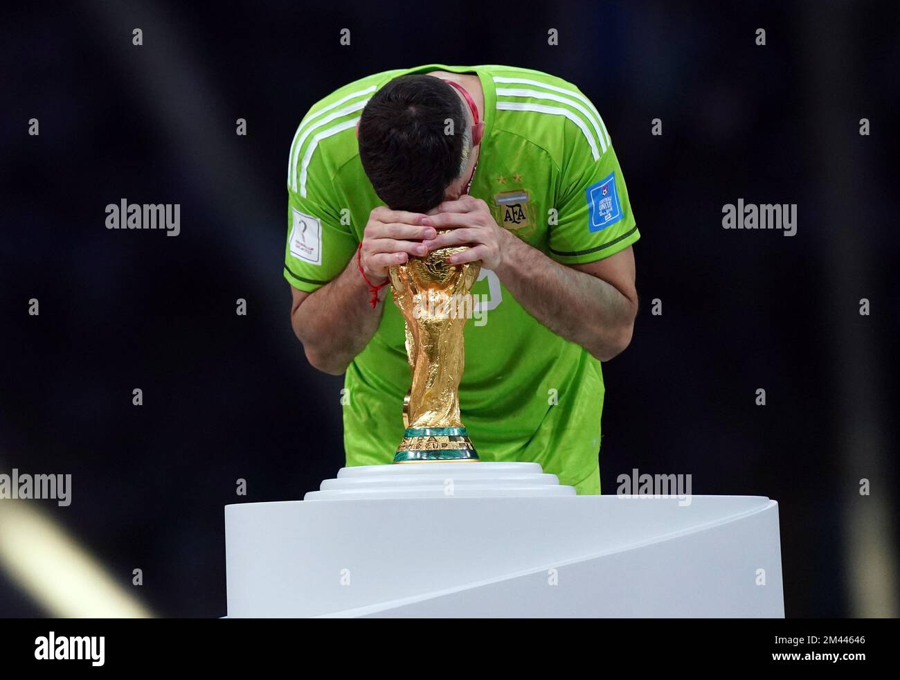 Argentina goalkeeper Emiliano Martinez touches the FIFA World Cup ...
