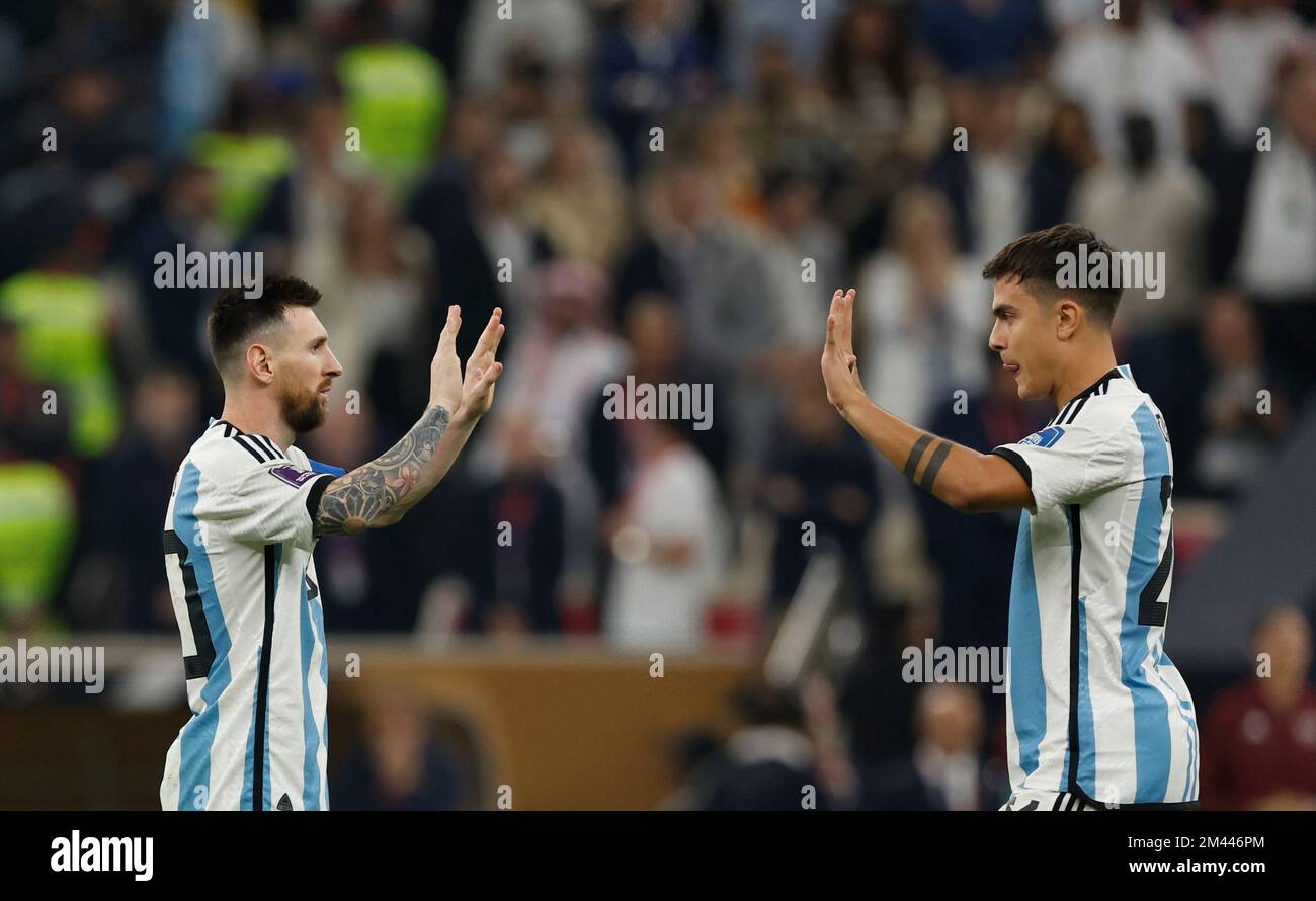 Lusail, Qatar. 18th Dec, 2022. Paulo Dybala (R) of Argentina claps ...